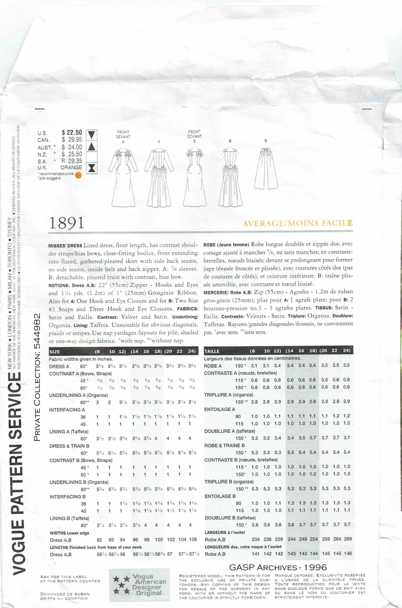 Vogue American Designer 1891 (1996) PDF Sizes 8-10-12 Oscar de la Renta ...